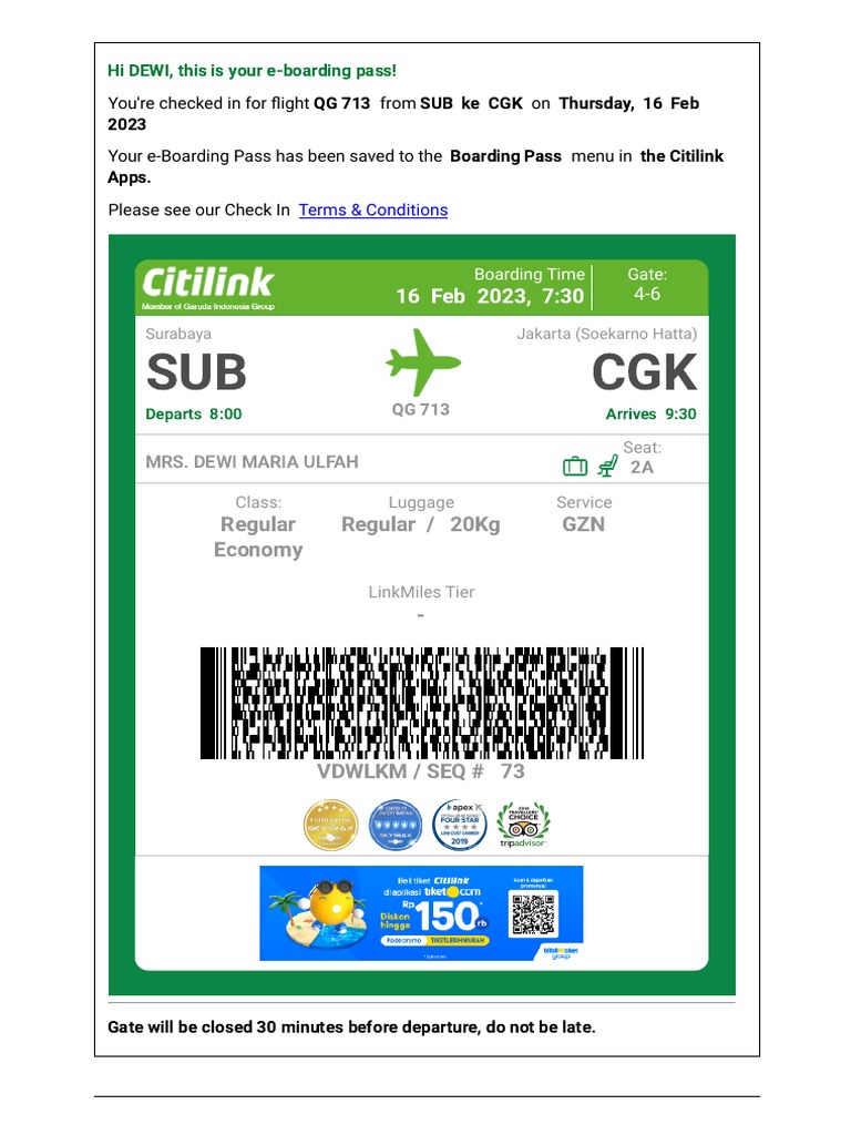 Citilink E-Boarding Pass Details | PDF