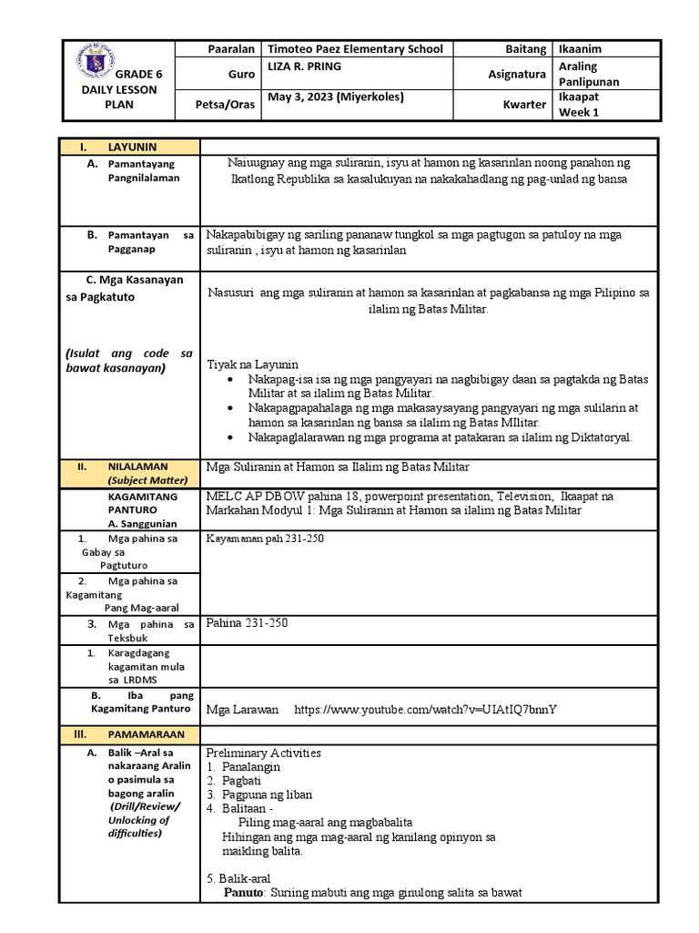 1 DLP Ap 6 4TH QTR Day 1 | PDF