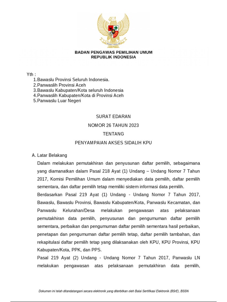 SE No 26 Tahun 2023 Tentang Penyampaian Akses Sidalih KPU PDF | PDF