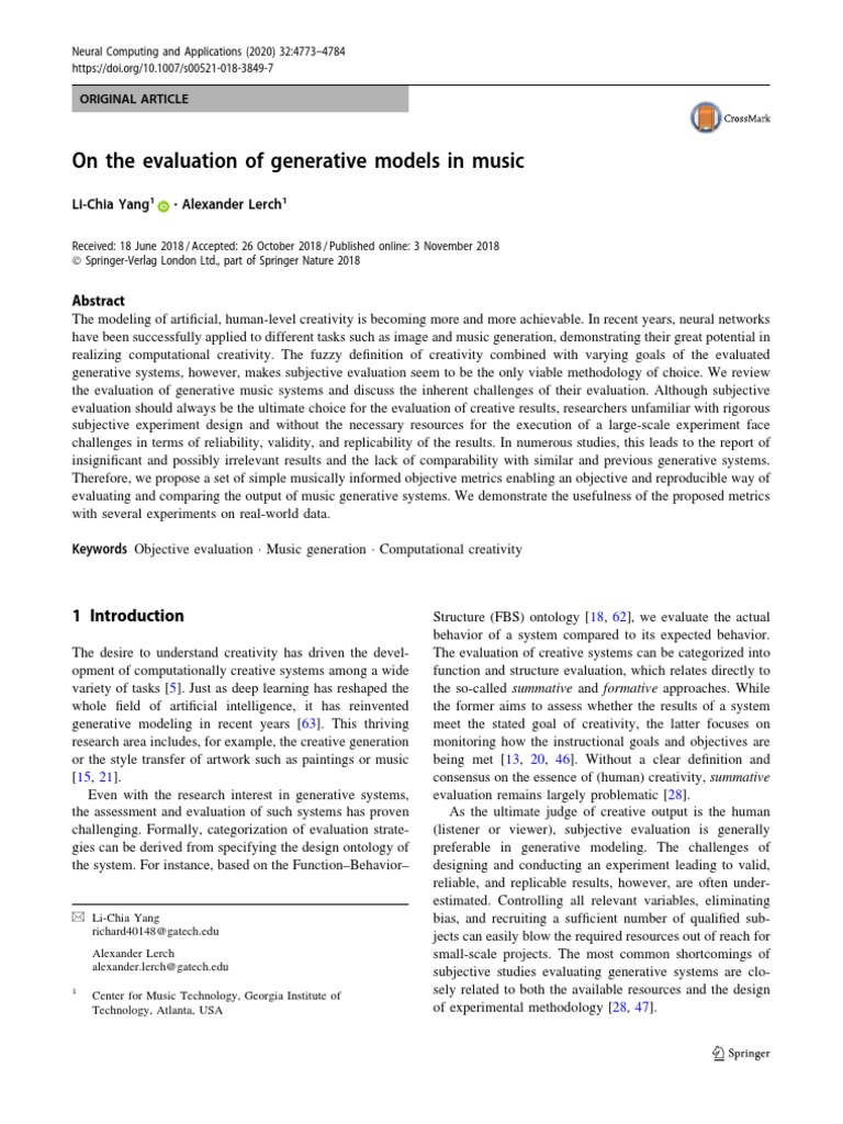Evaluating generative music models with objective metrics | PDF ...