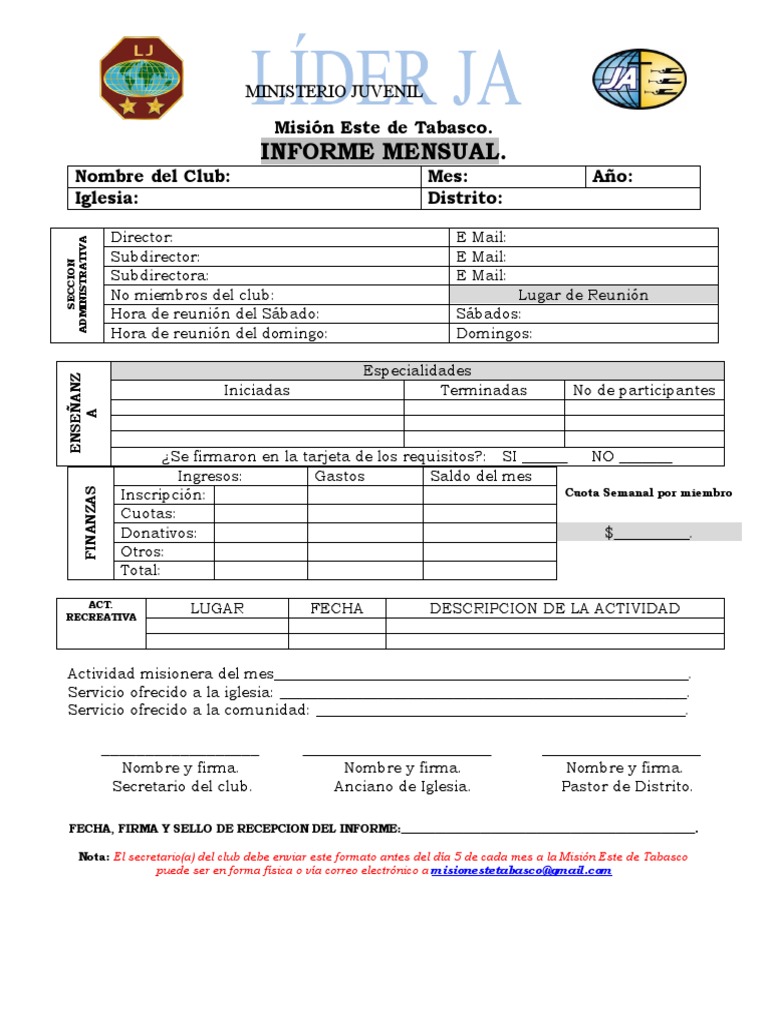 Informe Mensual Lider Juvenil | PDF