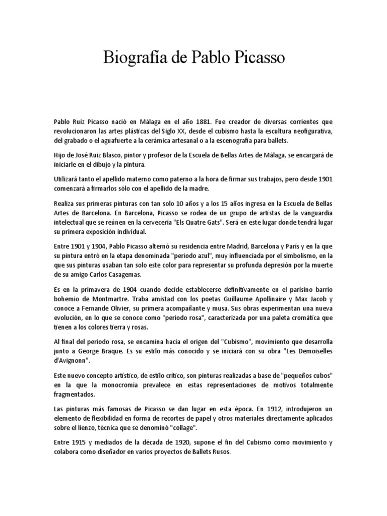 Biografía de Pablo Picasso | PDF | Pablo Picasso | Cubismo