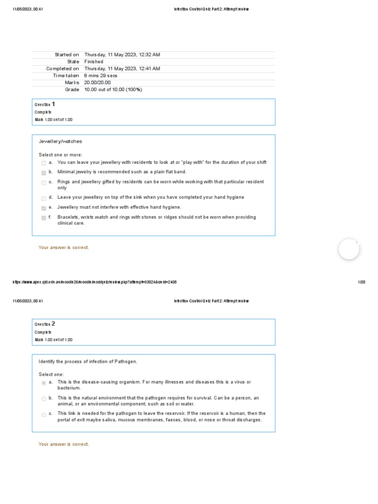Infection Control Quiz Part 2 - Attempt Review - Final Answer PDF | PDF
