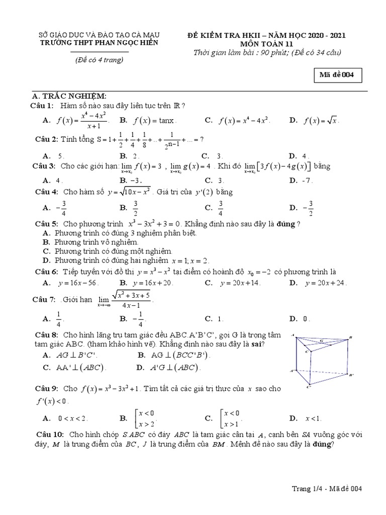 De Thi Hoc Ki 2 Toan 11 Nam 2020 2021 Truong Phan Ngoc Hien Ca Mau PDF | PDF