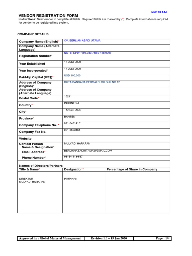 MMF 03 AAJ - Vendor Registration Form - Rev 1.0 - 05 Okt 20 PDF | PDF