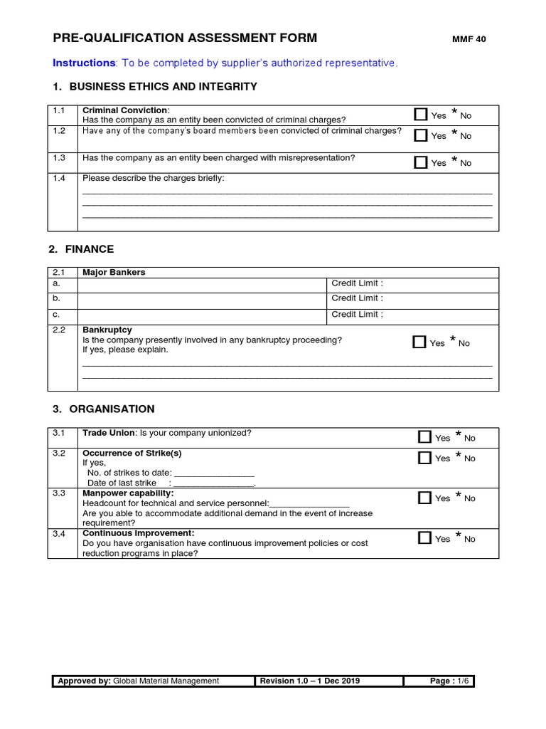 MMF 40 Pre-Qualification Assessment | PDF | Personal Protective ...