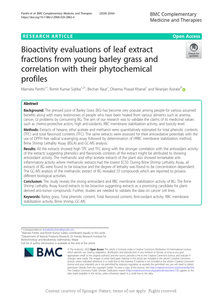 Bioactivity Evaluations Of Leaf Extract Fractions From Young Barley