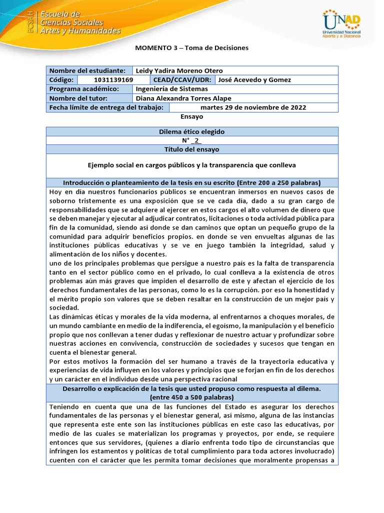 Momento 3 - Toma de Decisiones Leidy Moreno | PDF | Moralidad | Sociedad