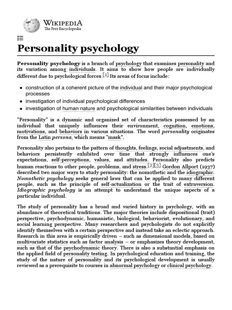 Personality Psychology - Wikipedia PDF | PDF | Personality Psychology ...