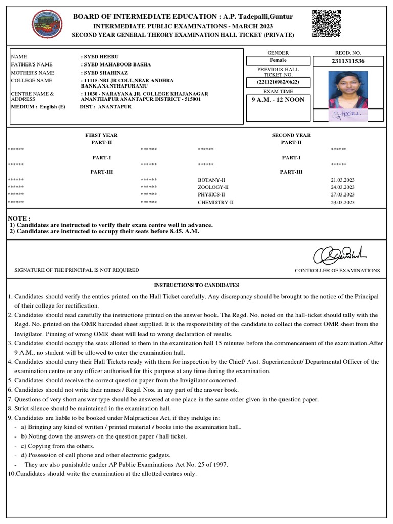 A.P. Intermediate Exam Hall Ticket 2023 | PDF
