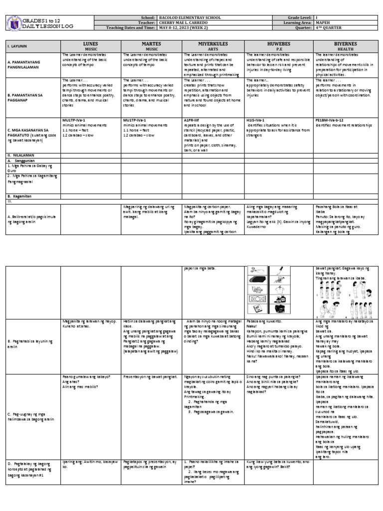 DLL - Mapeh 1 - Q4 - W2 | PDF | Learning | Cognition