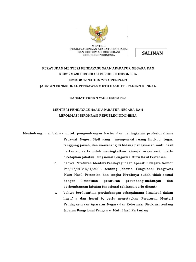PENGAWAS MUTU HASIL PERTANIAN Permen PANRB No - 16 Tahun 2021 PDF | PDF