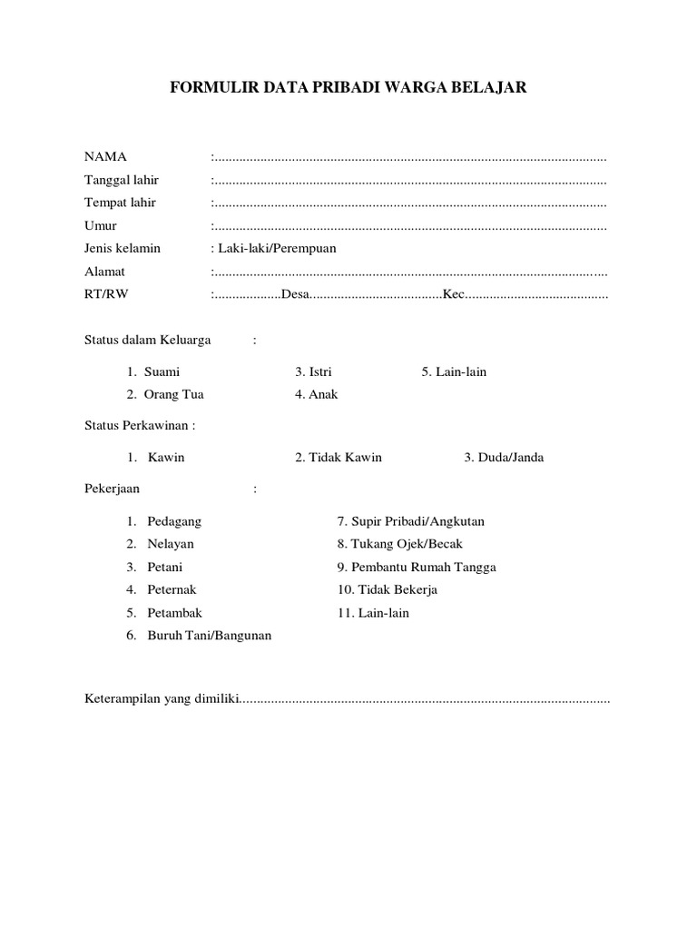 Formulir Data Pribadi Warga Belajar PDF | PDF