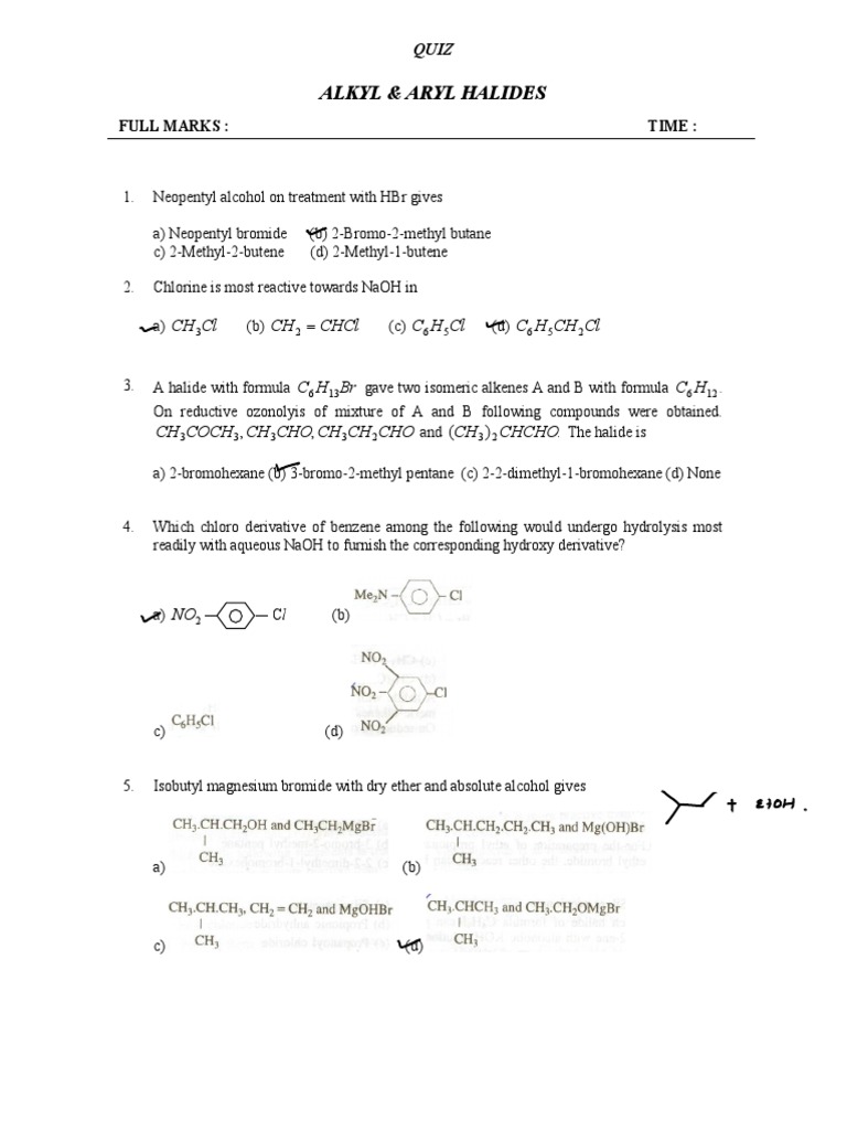 Quiz -Alkyl & Aryl halides (1) | PDF