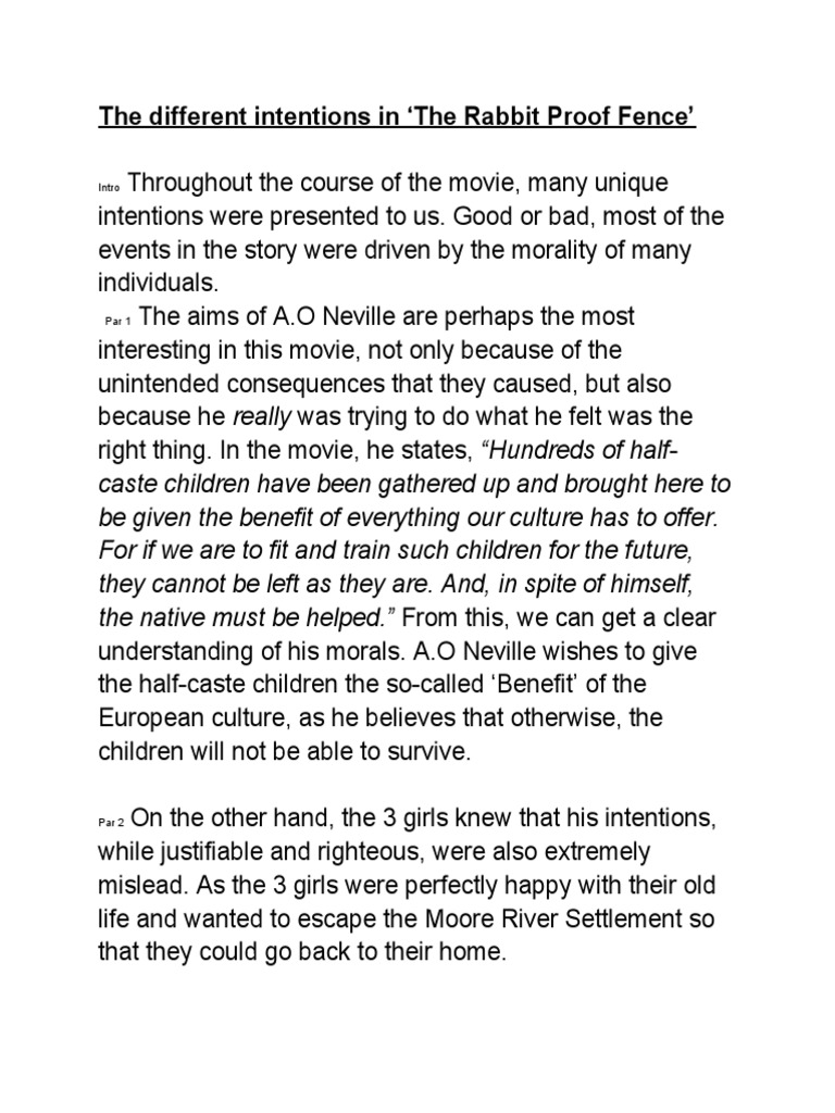 The Different Intentions in The Rabbit Proof Fence' | PDF