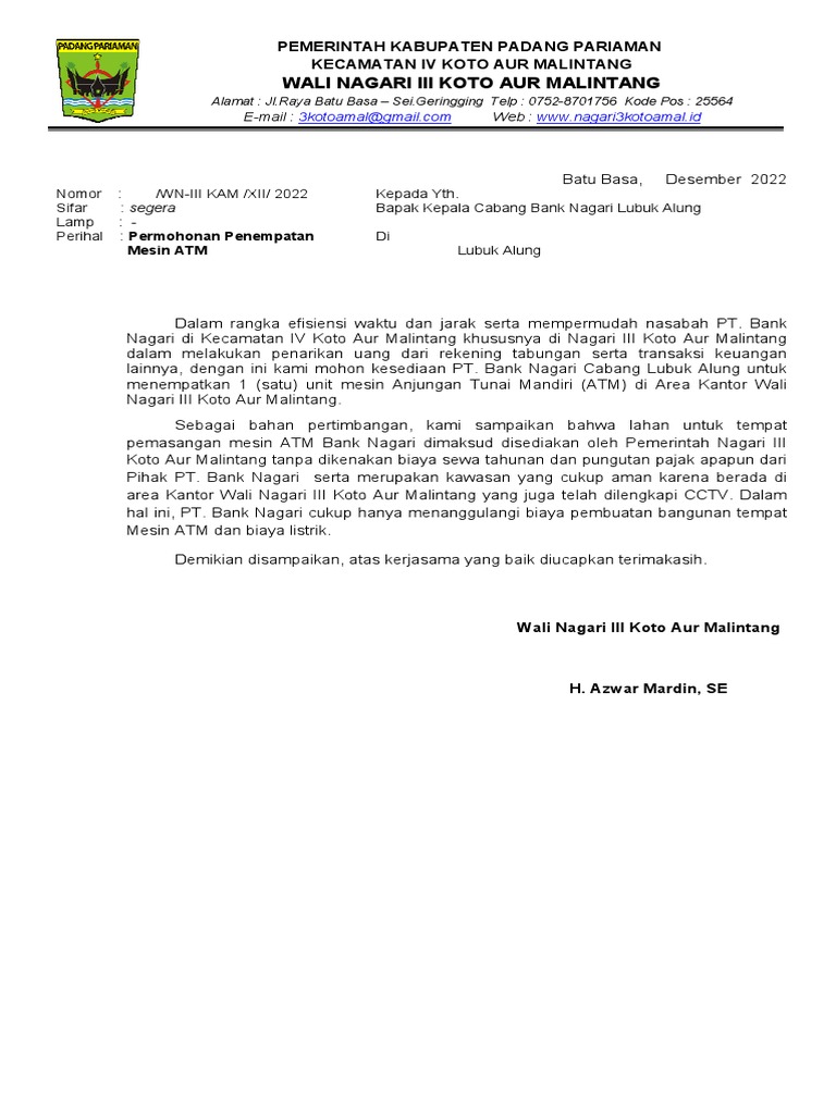 Surat Permohonan Penempatan Mesin Atm Bank Nagari | PDF
