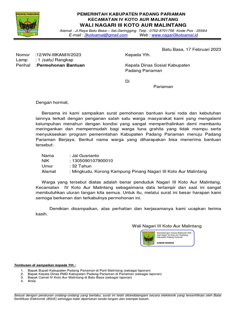 SURAT PERMOHONAN PENGANAN WARGA LUMPUH DI MINGKUDU - Sign | PDF