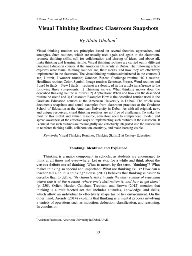 Visual Thinking Routines Classroom Snapshots Pdf Project Based Learning Thought