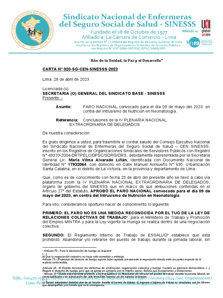 Carta Circular Paro Nacional 9 Mayo | PDF | Derecho laboral | Enfermería