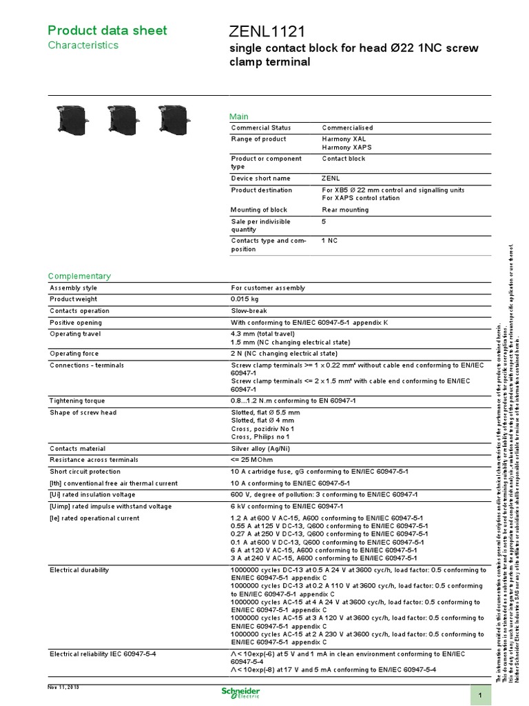 ZENL1121 Contact Block Specifications | PDF | International ...