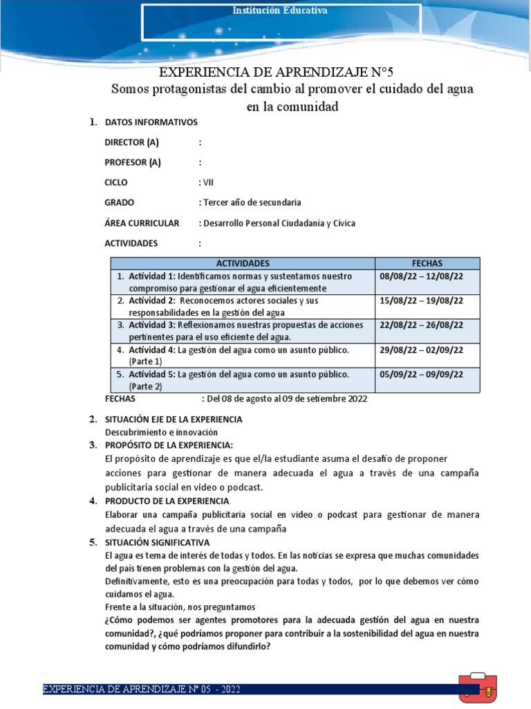 3º DPCC Experiencia de Aprendizaje 5 - Urbano | PDF | Aprendizaje