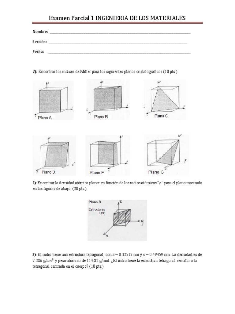 Examen Parcial 1 INGENIERIA DE LOS MATERIALES 2020 | PDF