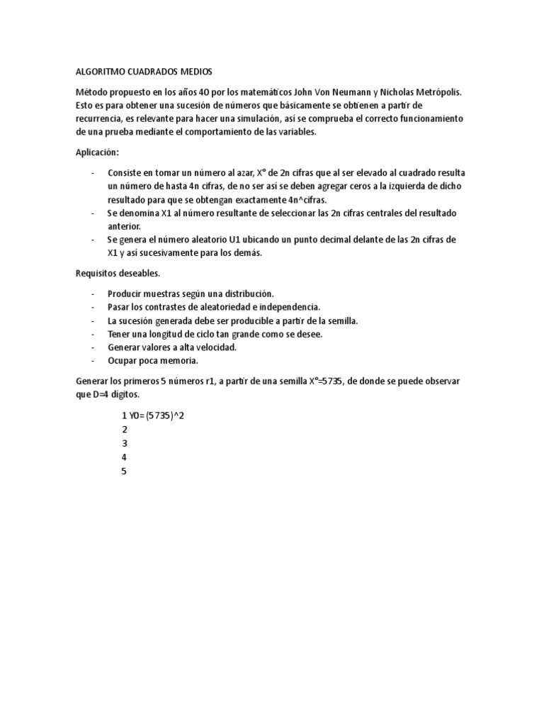 Algoritmo Cuadrados Medios | PDF