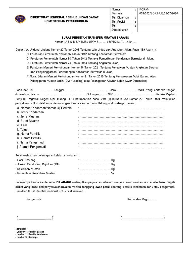 3 Rangkap - SURAT PERINTAH TRANSFER MUATAN BARANG | PDF