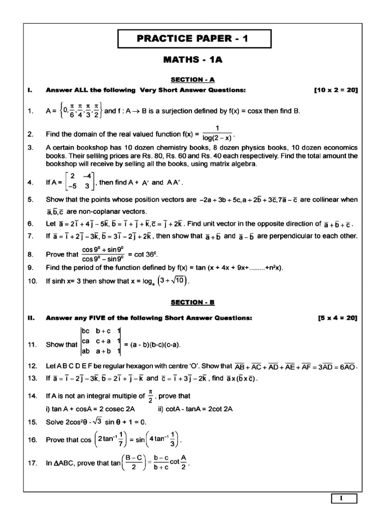 Maths 1A Practice Papers PDF | PDF | Matrix (Mathematics) | Function ...