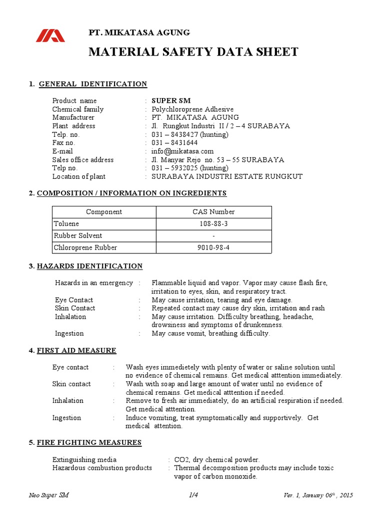 Material Safety Data Sheet for Neo Super SM Polychloroprene Adhesive | PDF | Personal Protective ...