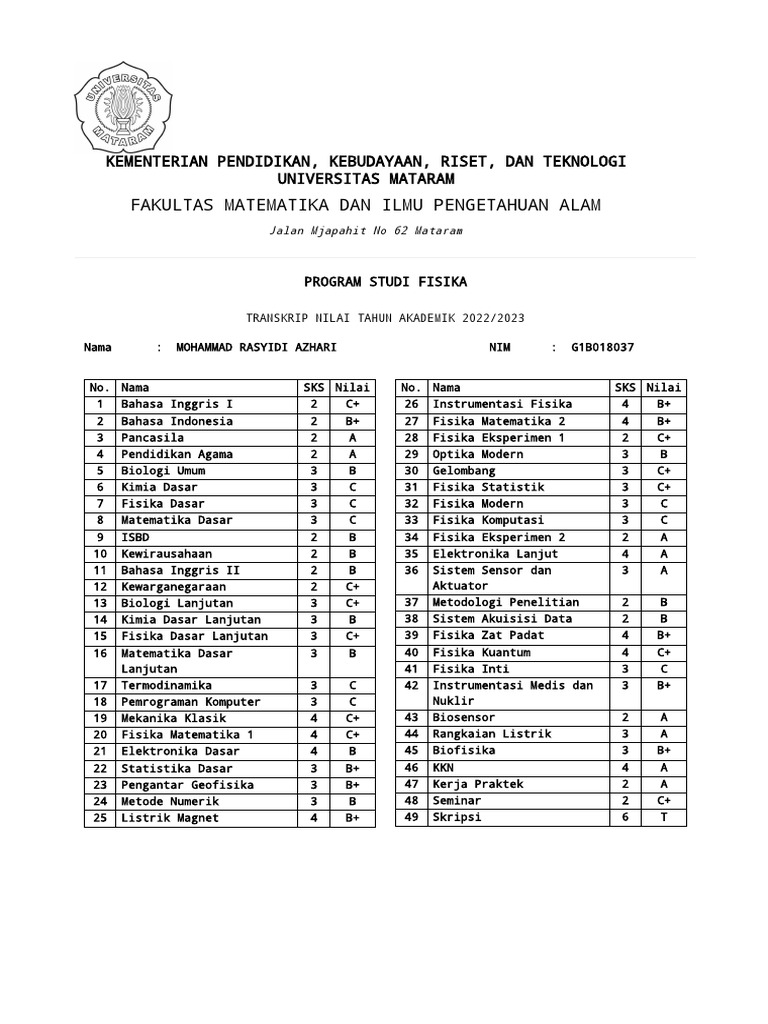 Cetak Transkrip Nilai Mahasiswa » Sistem Informasi Akademik | PDF
