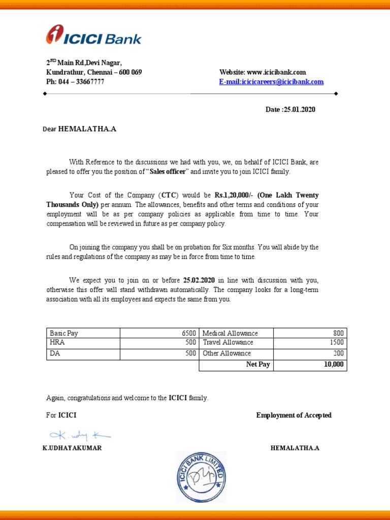 ICICI Bank Sales Officer Offer Letter | PDF