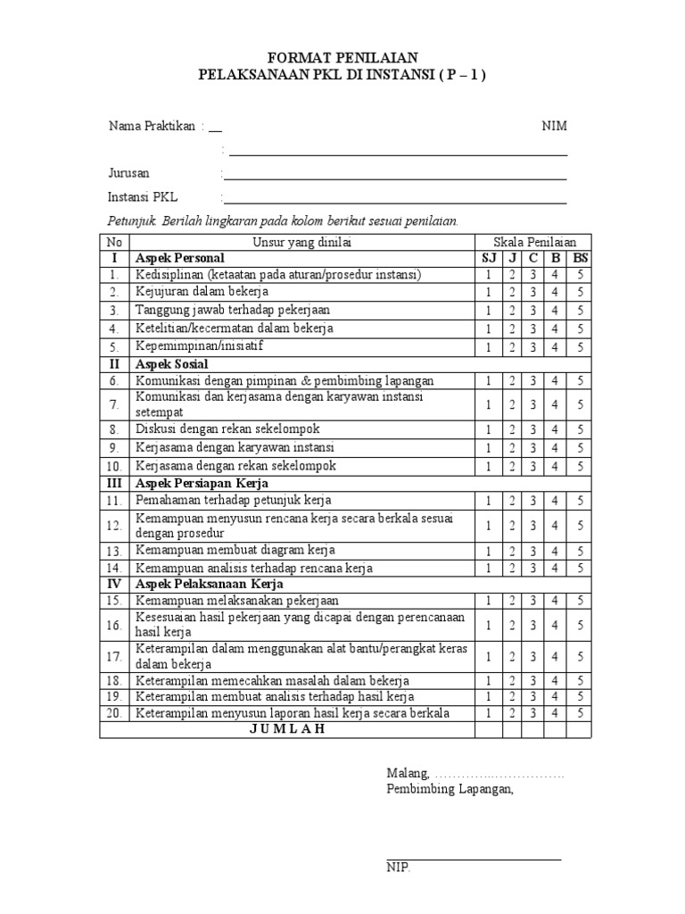 Format Penilaian PKL | PDF