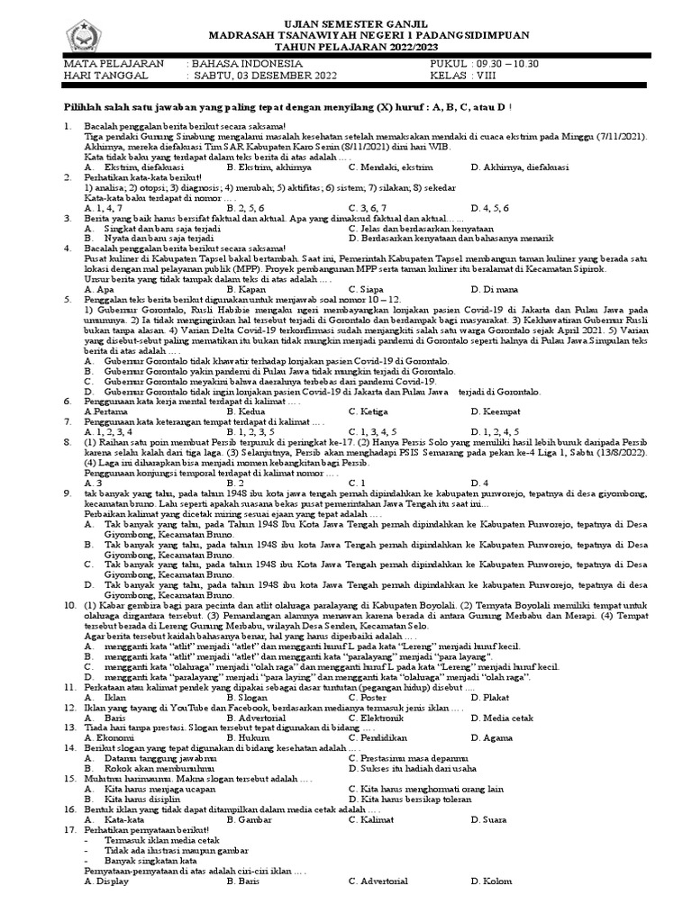 Soal Sem Ganjil BINDO Kls 8 | PDF