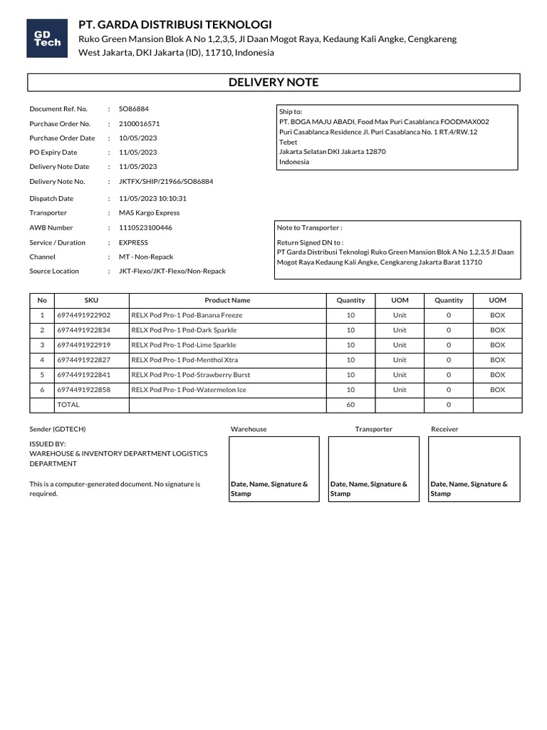Delivery Note - JKTFX - Ship - 21966 - So86884 | PDF