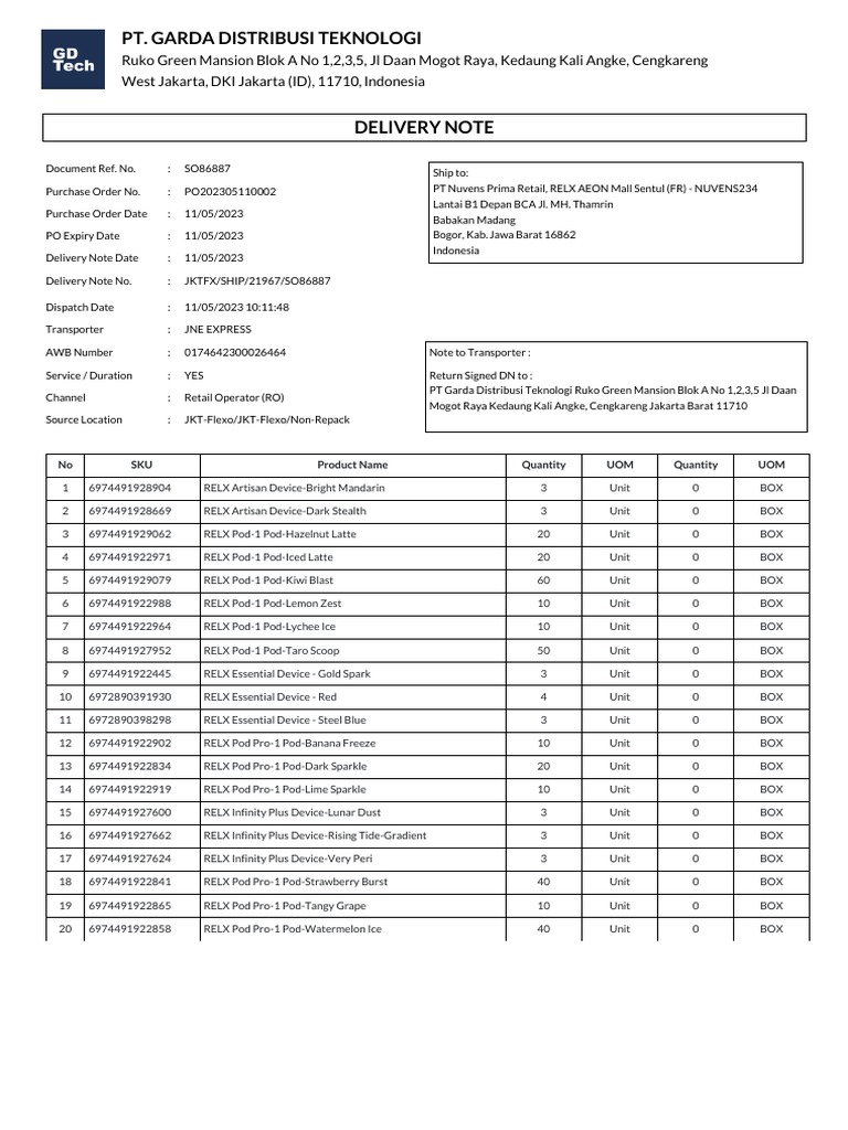 Delivery Note - JKTFX - Ship - 21967 - So86887 | PDF | Service ...
