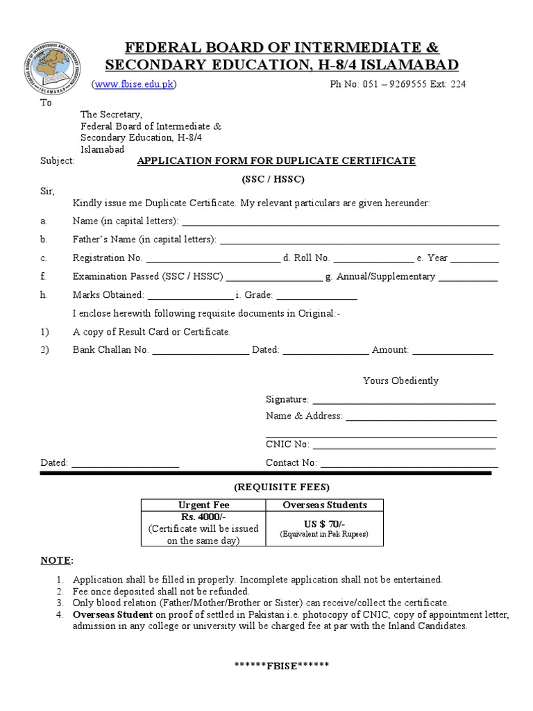 Fbise Application Form Issuance of Duplicate Certificate - New | PDF | Educational Stages