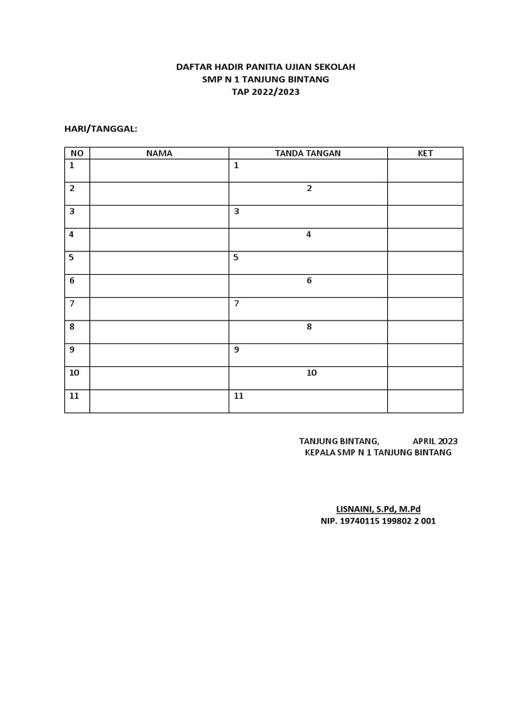 Daftar Hadir Panitia Ujian Sekolah | PDF