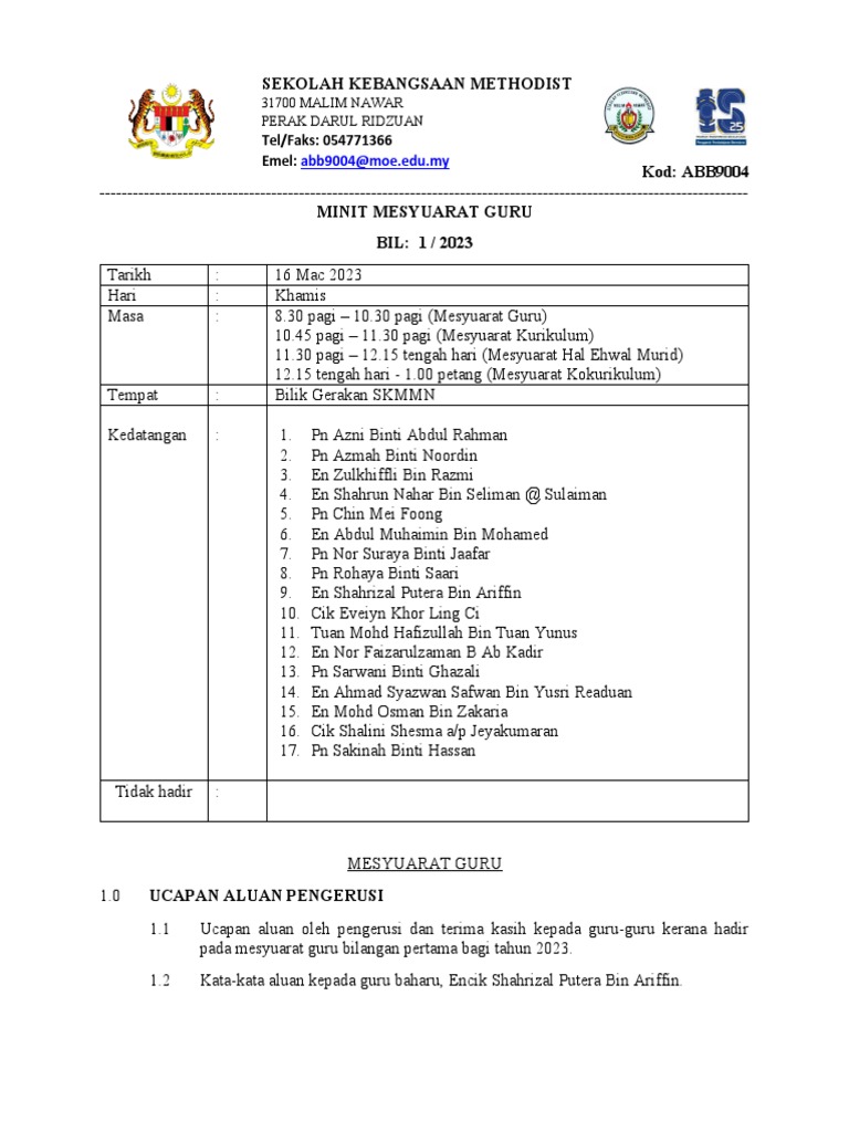 MINIT MESYUARAT GURU BIL. 1 2023 | PDF