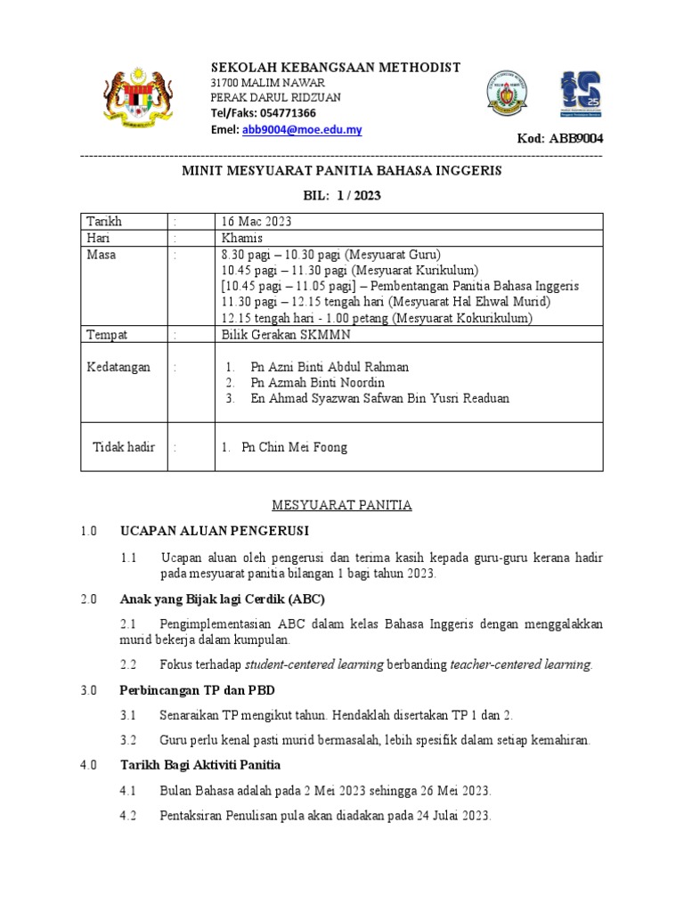 Minit Mesyuarat Bi Bil. 1 2023 | PDF