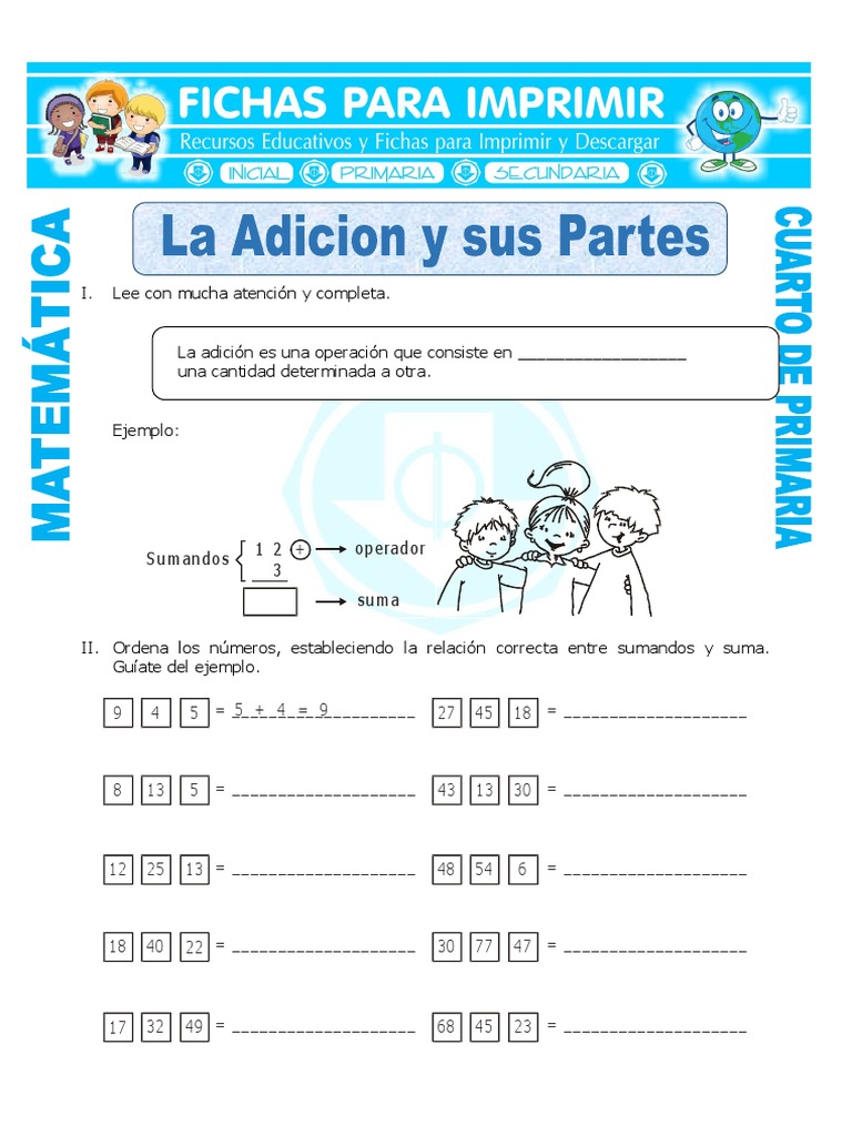 Ficha La Adicion y Sus Partes para Cuarto de Primaria | PDF
