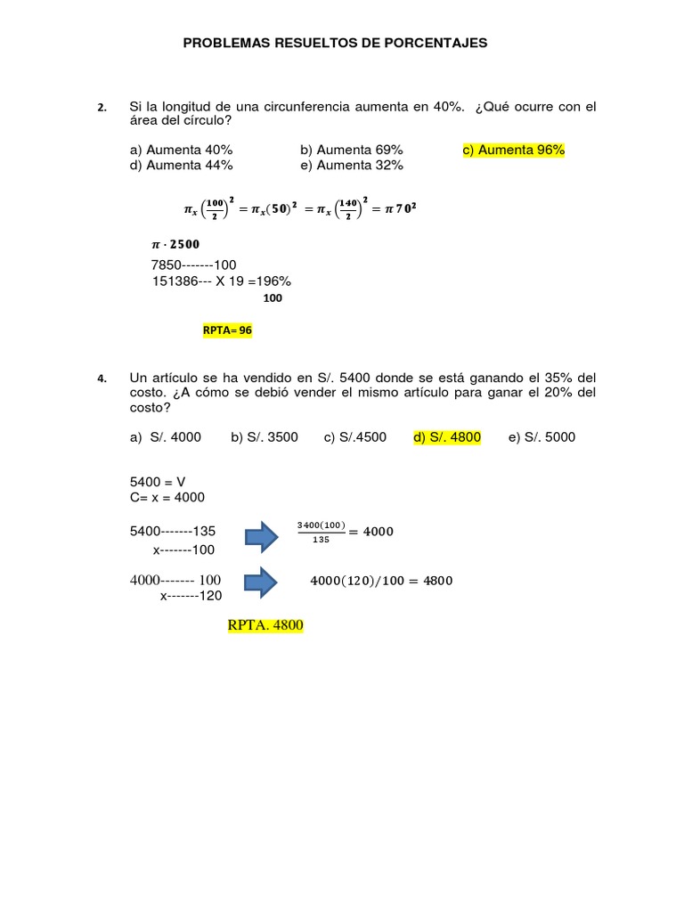Problemas Resuelto de Porcentajes | PDF