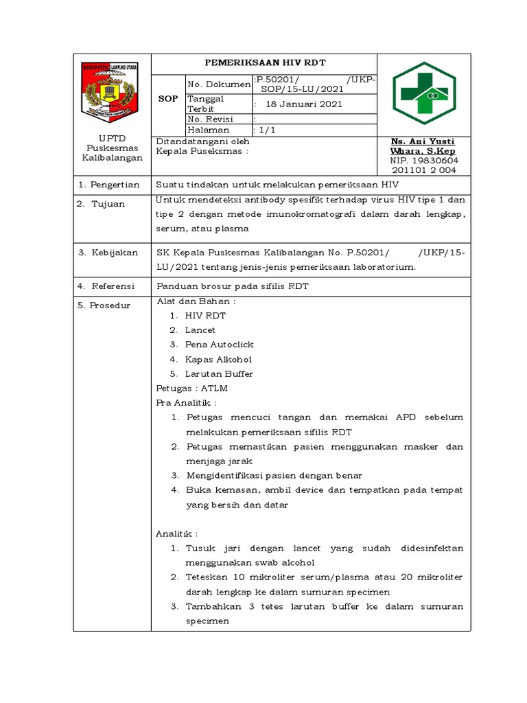 SOP Pemeriksaan HIV SIFILIS FRAMBUSIA | PDF