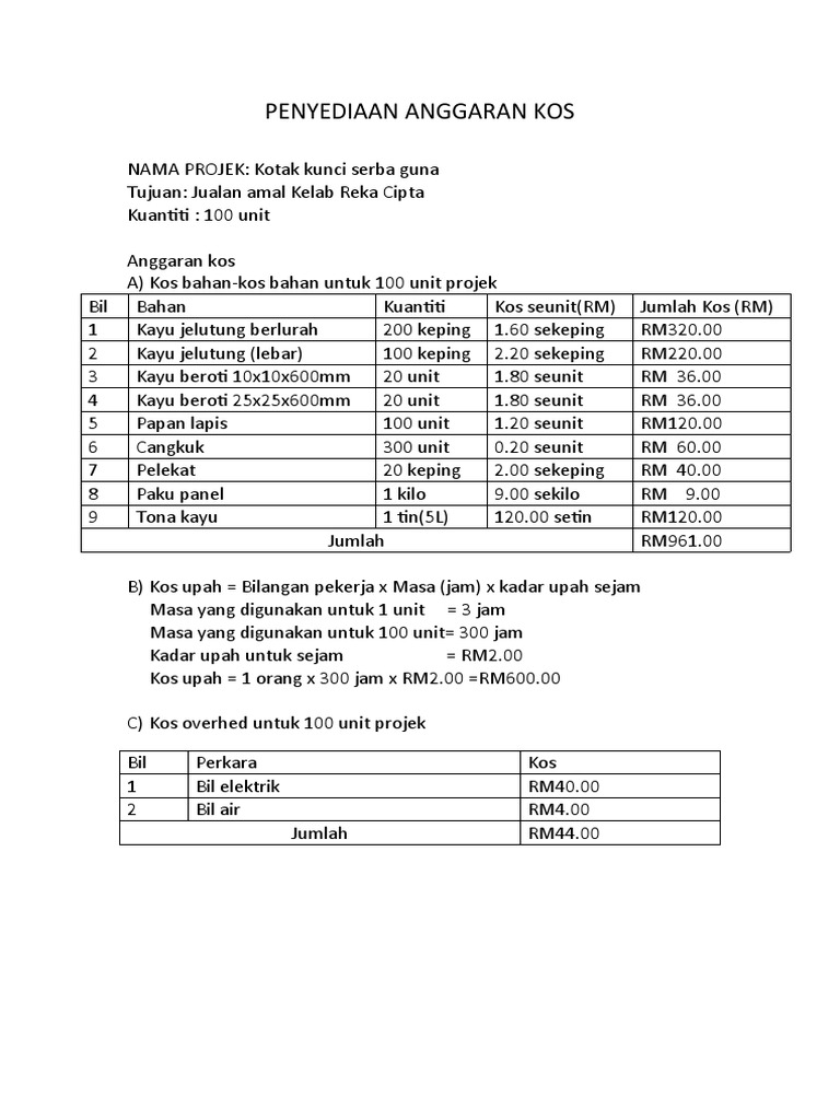 Penggiraan Kos Pengeluaran RBT Form 1 Tahun 2022 | PDF