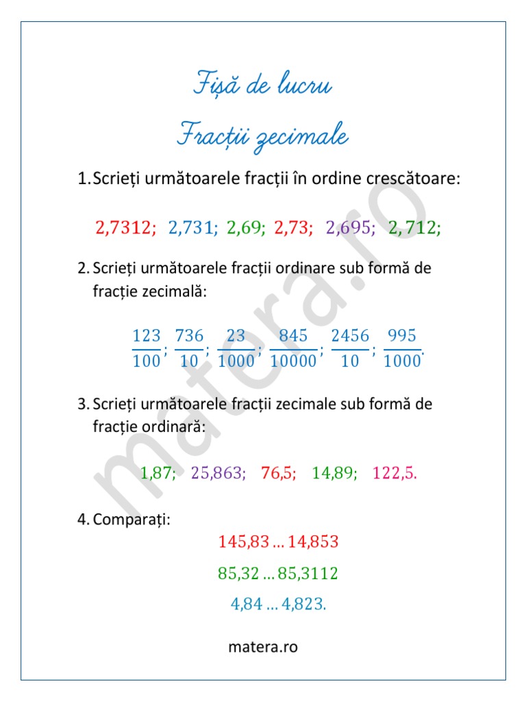 Fisa de Lucru Fractii Zecimale | PDF