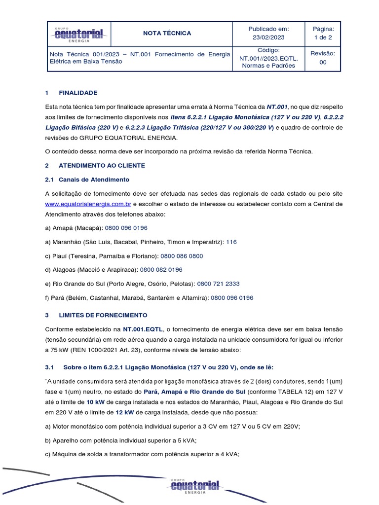 Errata NT.001: Fornecimento de Energia | PDF | Tecnologia e Engenharia