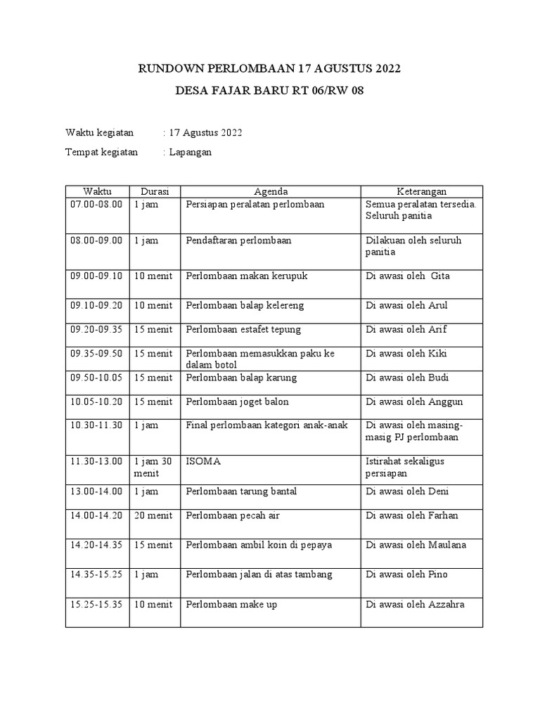 RUNDOWN PERLOMBAAN 17 AGUSTUS 2022 | PDF