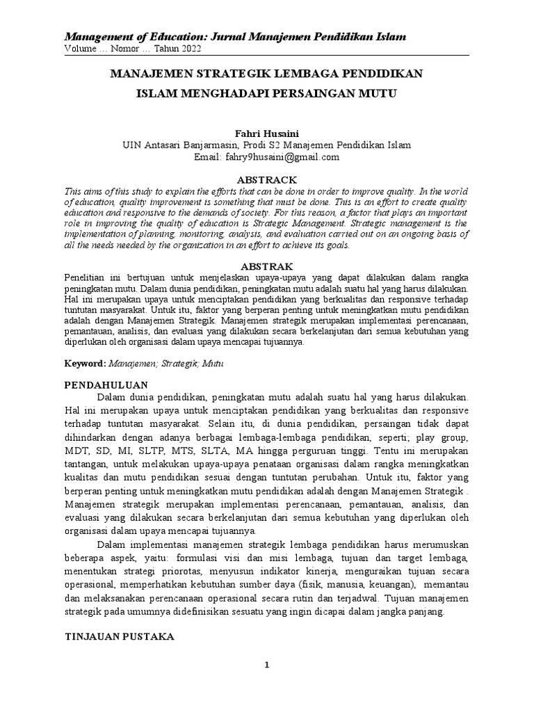 Manajemen Strategik Menghadapi Persaingan Mutu - Fahri Husaini | PDF