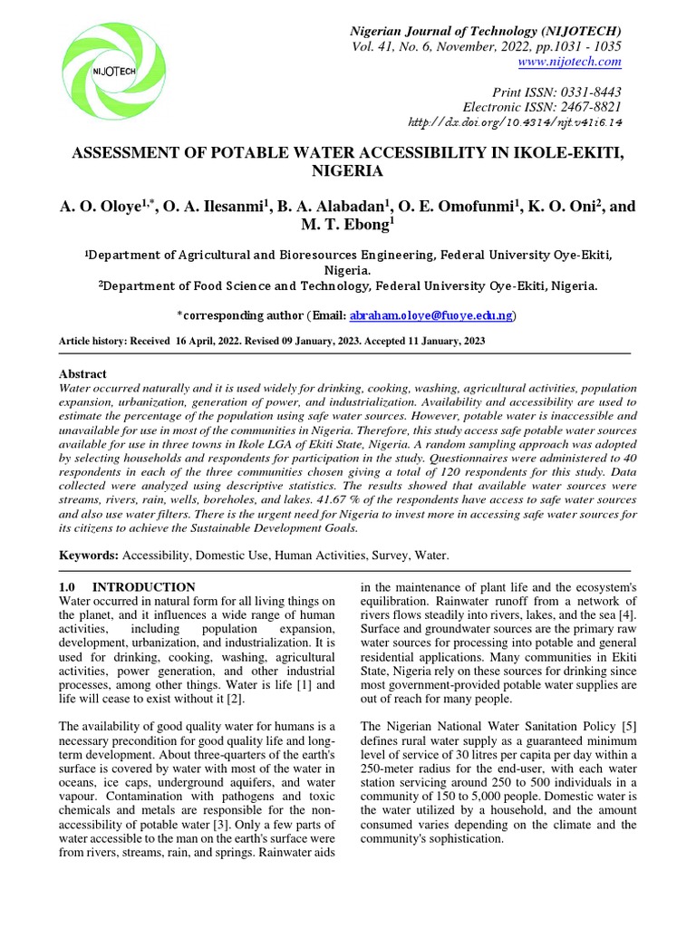 Assessment of Potable Water Accessibility in Ikole-Ekiti, Nigeria | PDF ...