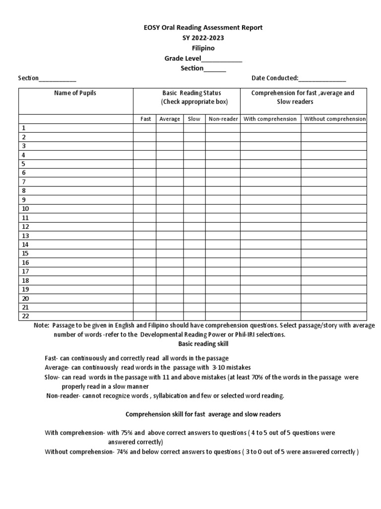 Mid Year Reading Assessment 2022 2023 | PDF